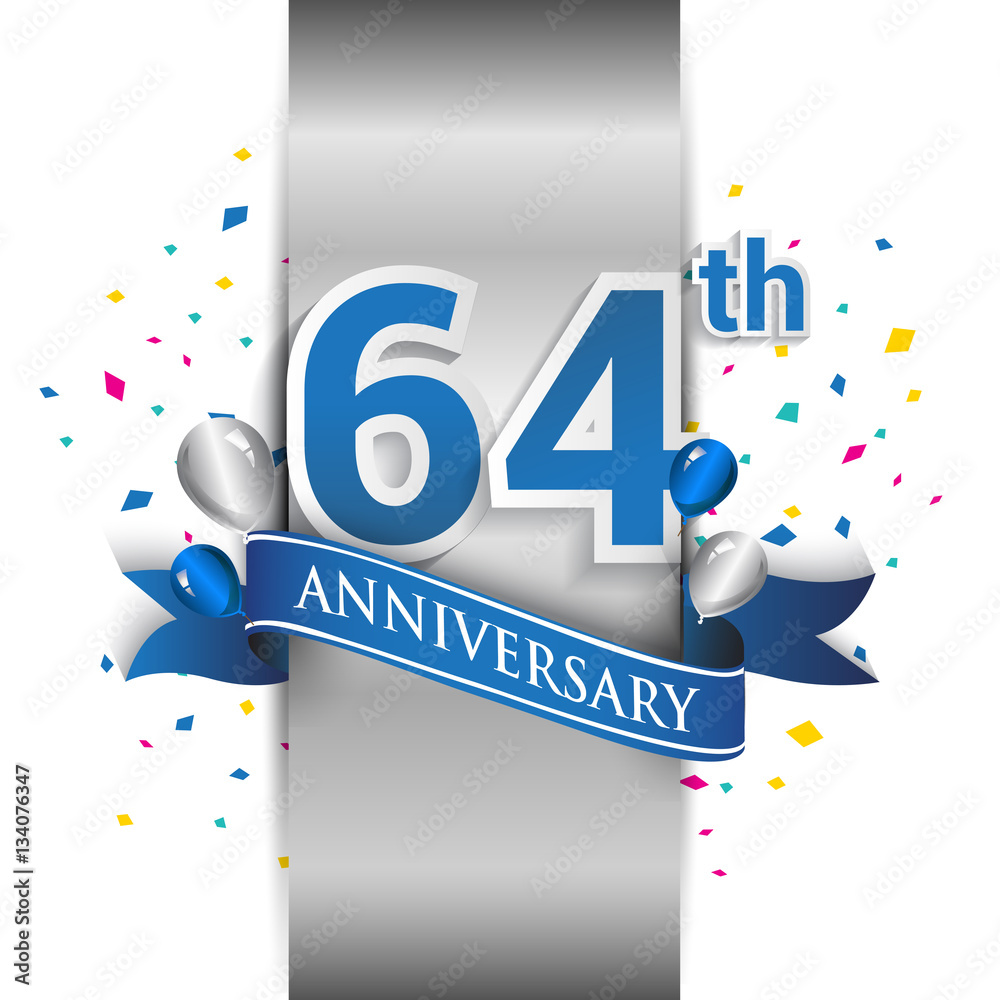 64th anniversary logo with silver label and blue ribbon, balloons ...