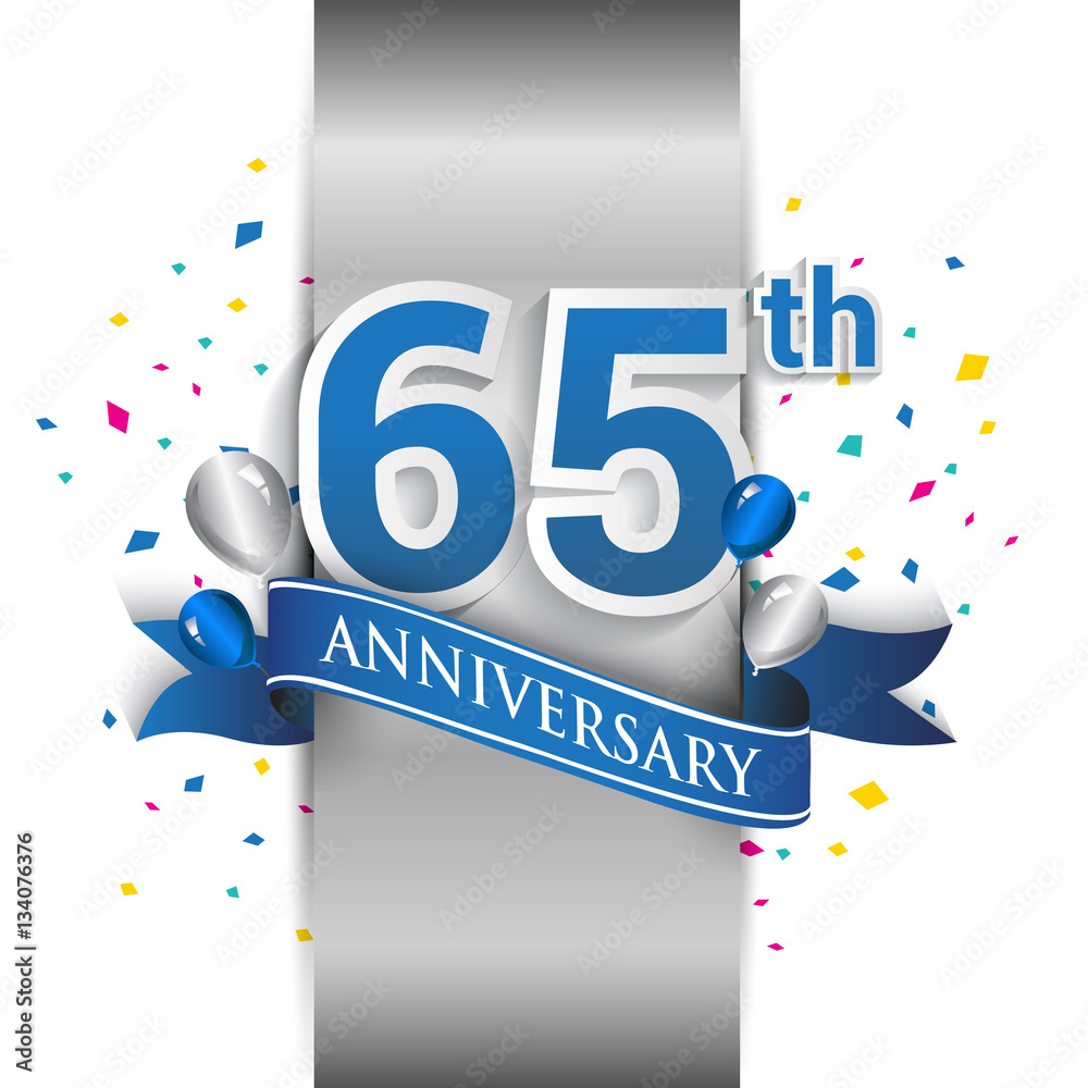 65th anniversary logo with silver label and blue ribbon, balloons ...