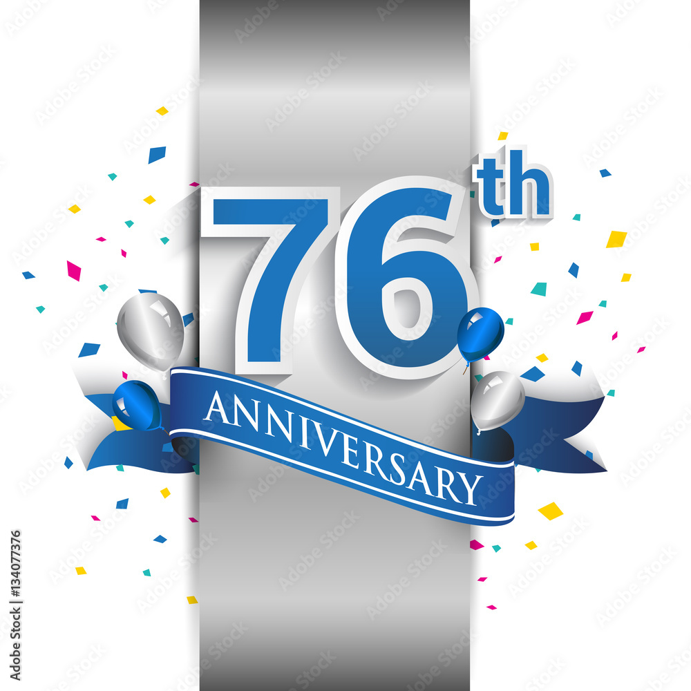 76th anniversary logo with silver label and blue ribbon, balloons ...