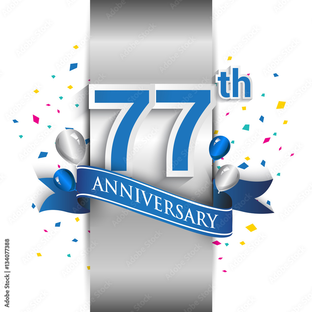 77th anniversary logo with silver label and blue ribbon, balloons ...