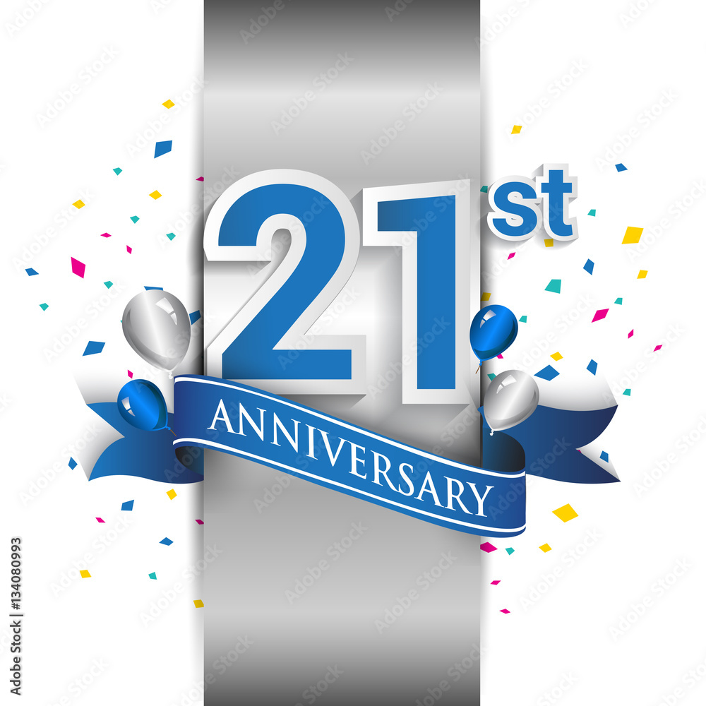 21st anniversary logo with silver label and blue ribbon, balloons ...