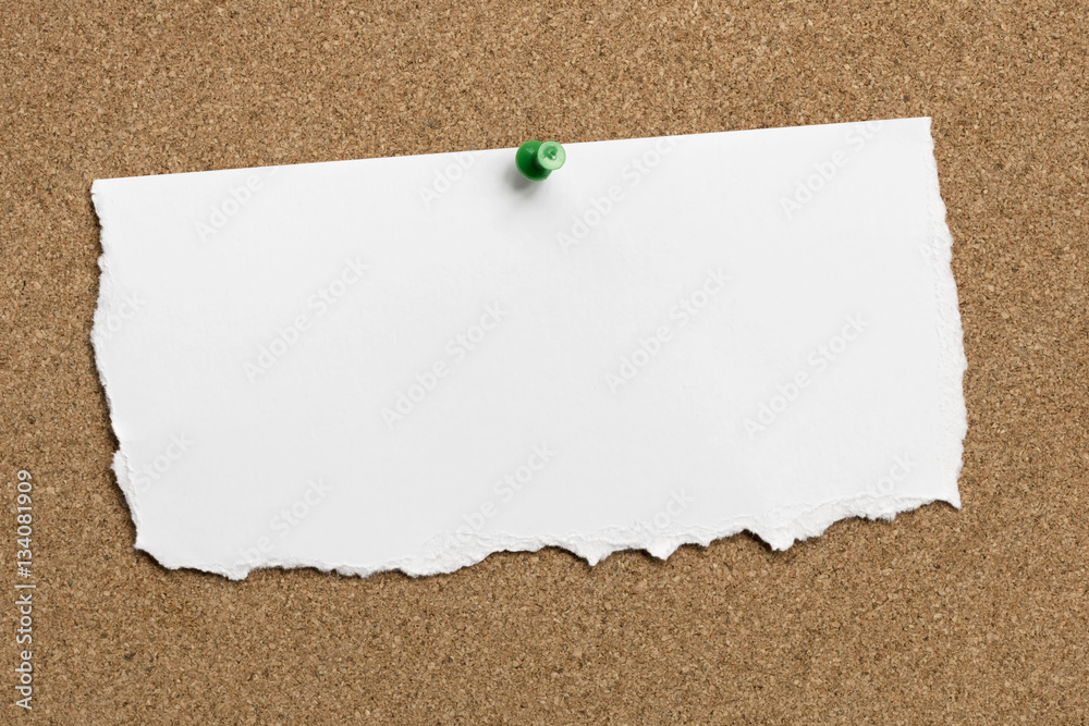 Torn White Paper With Green Tack Pin on Cork Board Stock Photo | Adobe ...