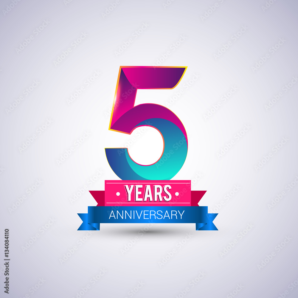 5 years anniversary logo, blue and red colored vector design Stock ...