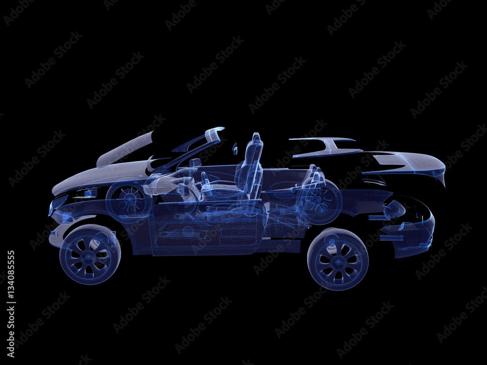 Disassembled car x-ray blue transparent with Wireframe.3D rendering ...