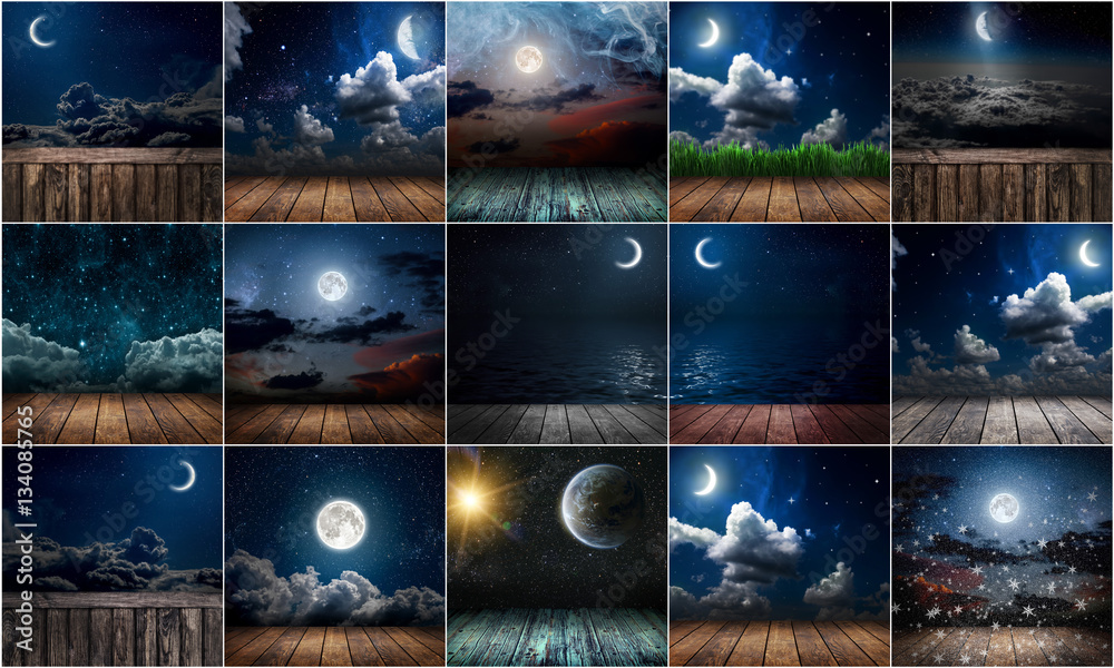collection background night sky with stars, moon and clouds. wood floor ...