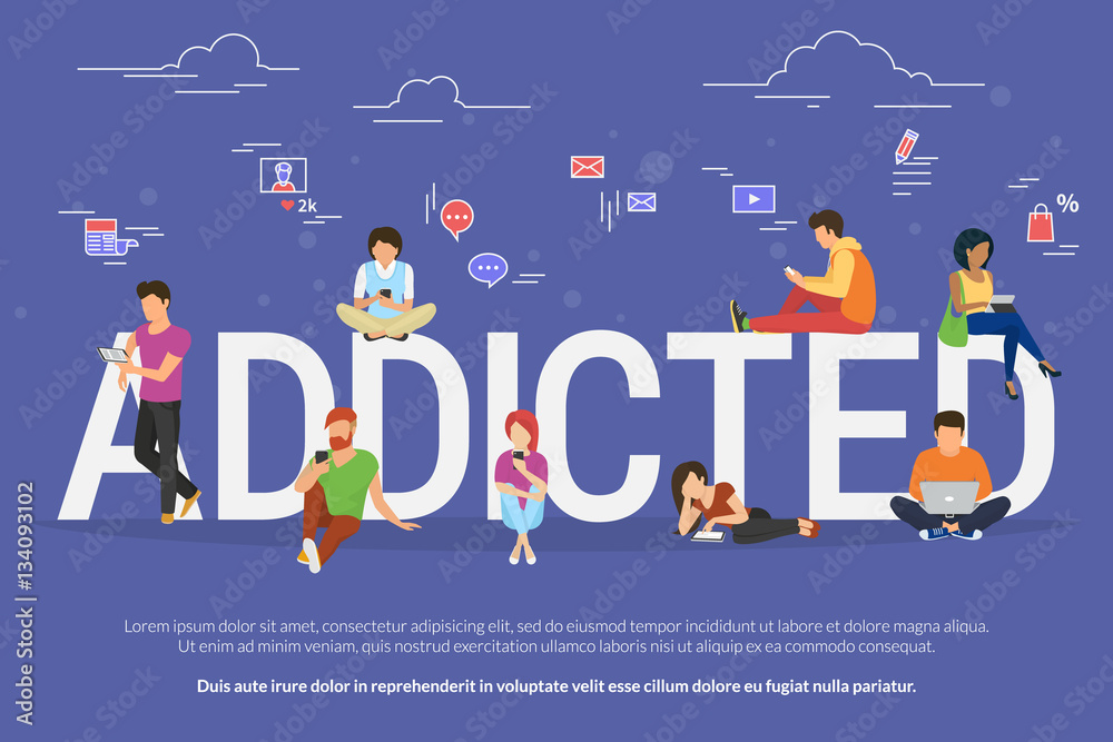 Addicted people concept illustration of young men and women using ...