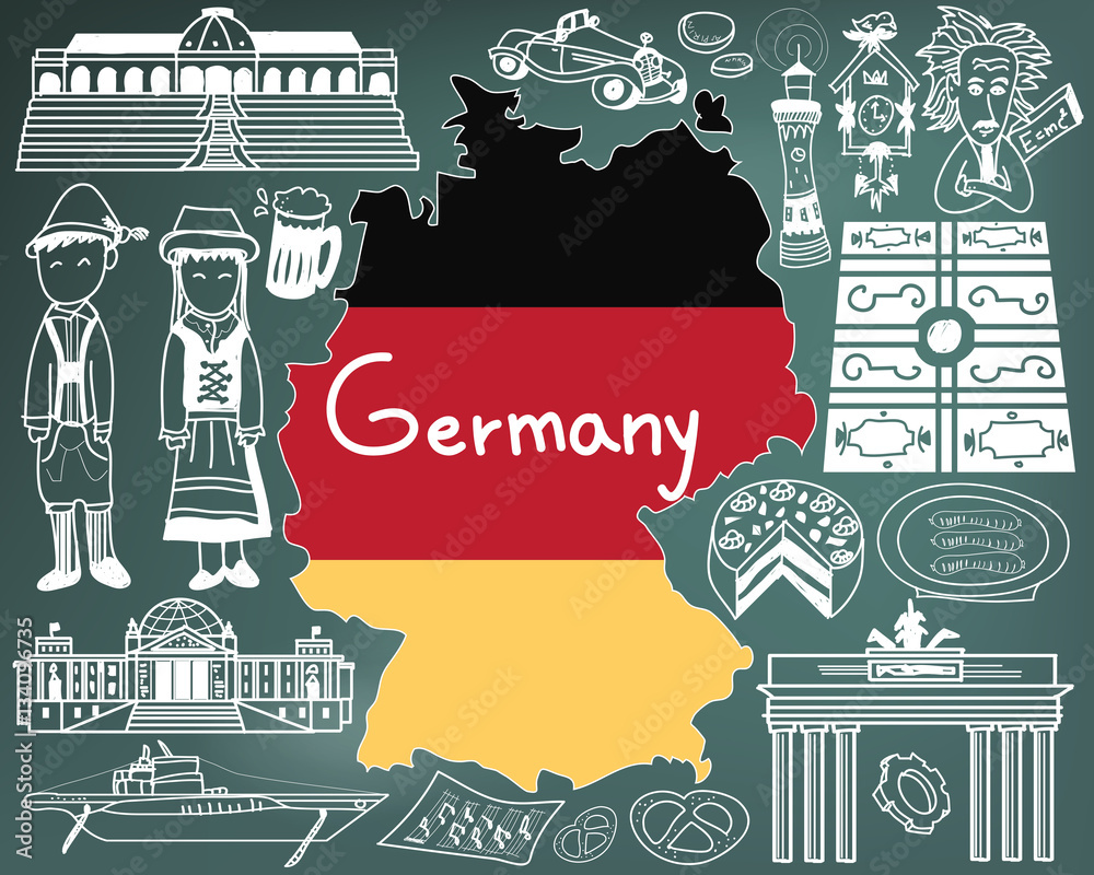 Travel to Germany doodle drawing icon with culture, costume, landmark ...