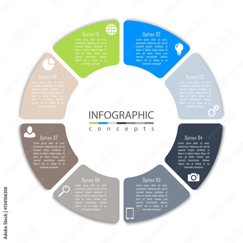 Vector round infographic diagram with 8 options. Circular timeline ...