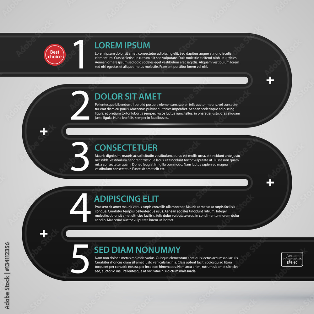 Modern web design template with long black stripe and five options ...