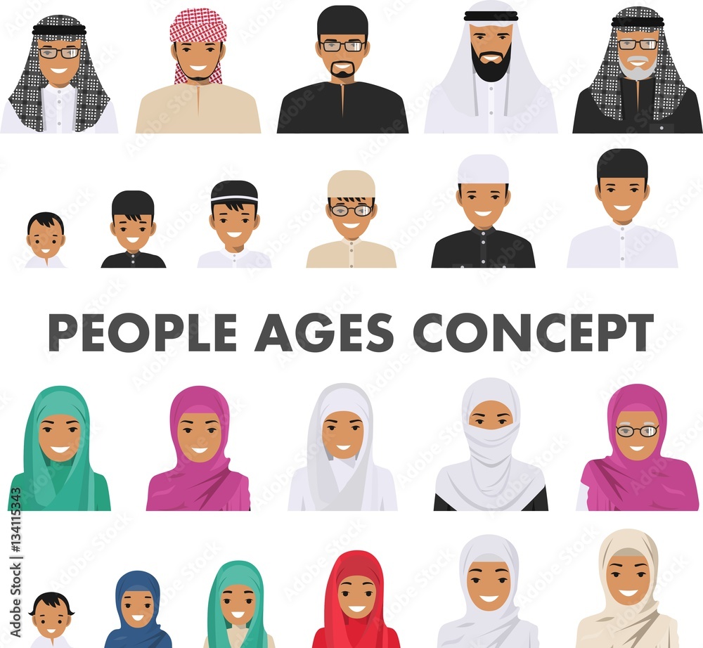 Different muslim arab people characters avatars icons set in flat style ...