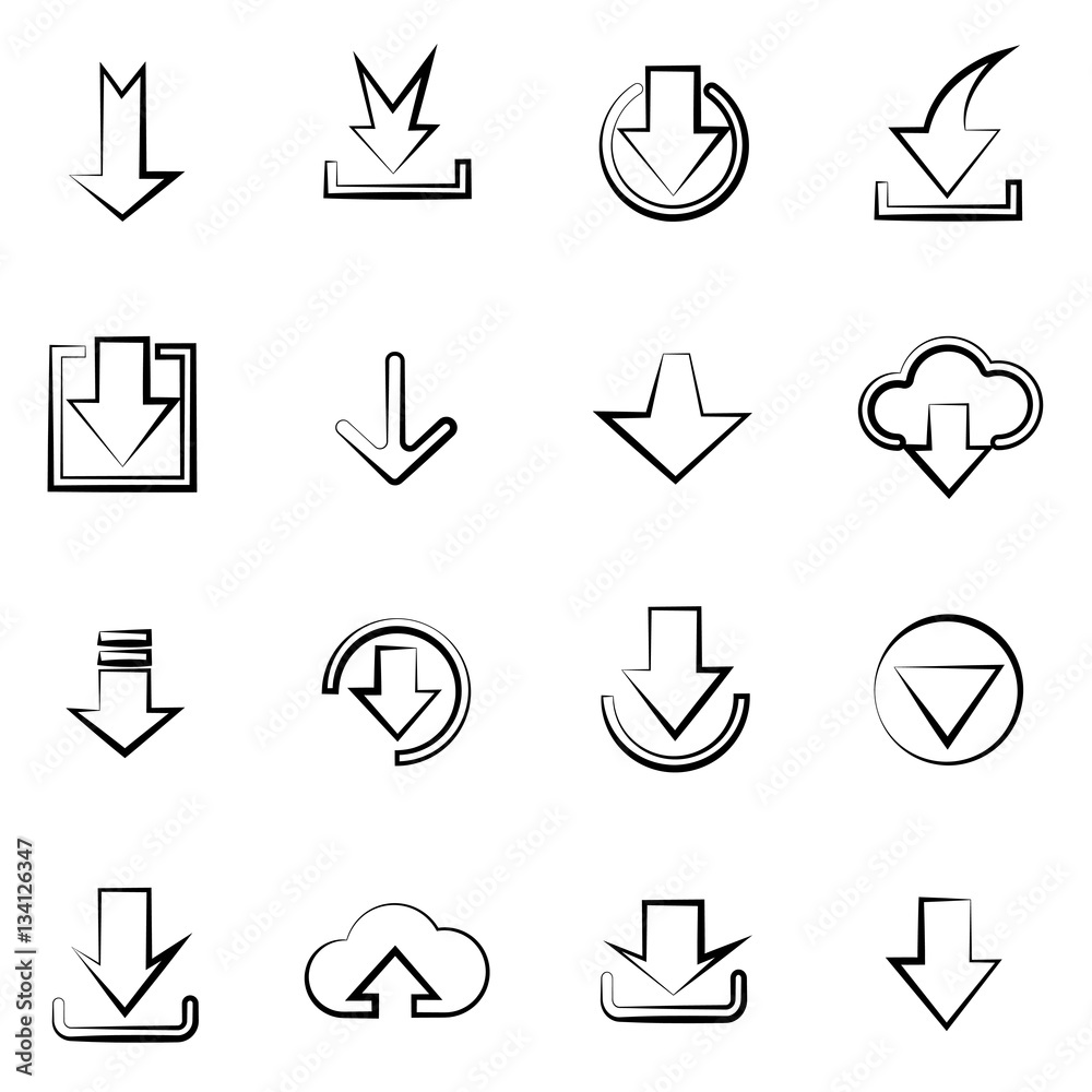 Hand drawn imitation downloading icons set isolated on white background ...