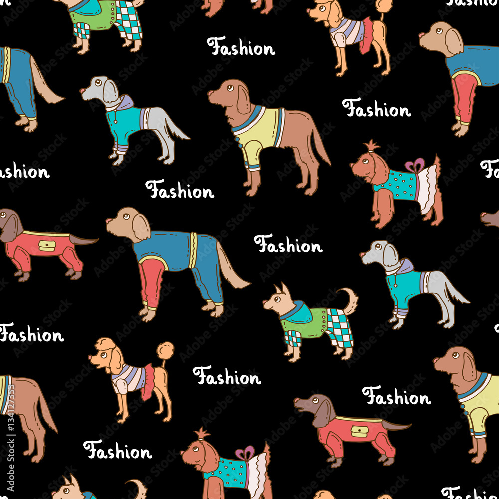 Vector seamless pattern with hand drawn colored dogs on black color ...