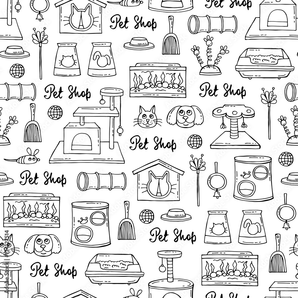 Vector seamless pattern with hand drawn isolated goods for pet shop on ...