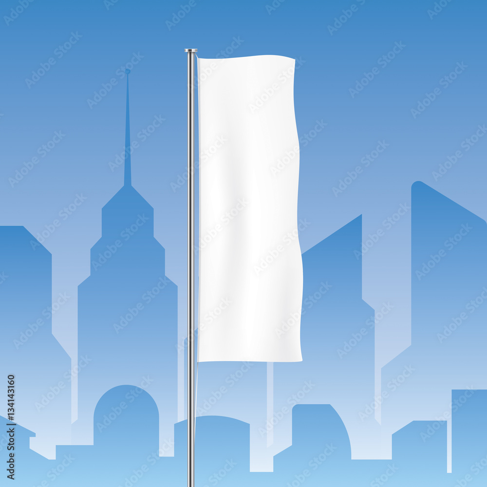Vertical banner flag, waving on a city background. Vector flag template ...