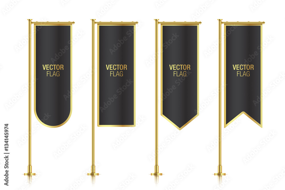 Black elegant vertical flag mockups with golden strokes, isolated on a ...