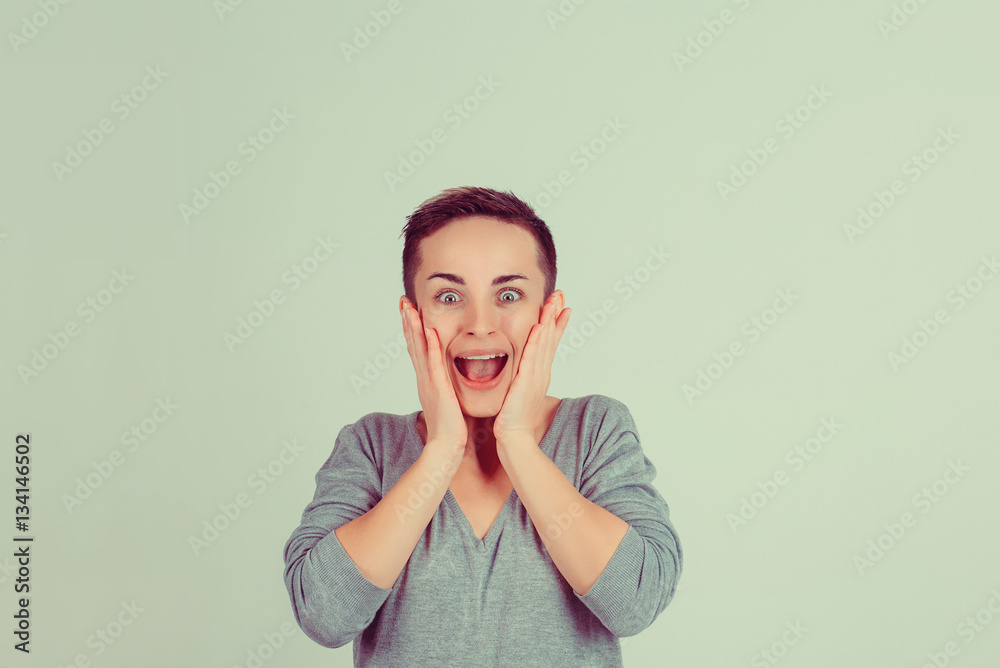Surprised woman. Wow. Close up portrait young woman beautiful girl ...
