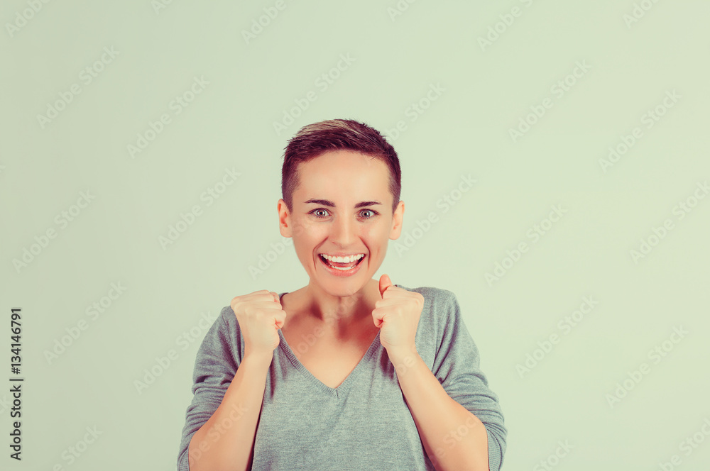 Lucky girl. Closeup portrait happy young woman happy exults pumping ...