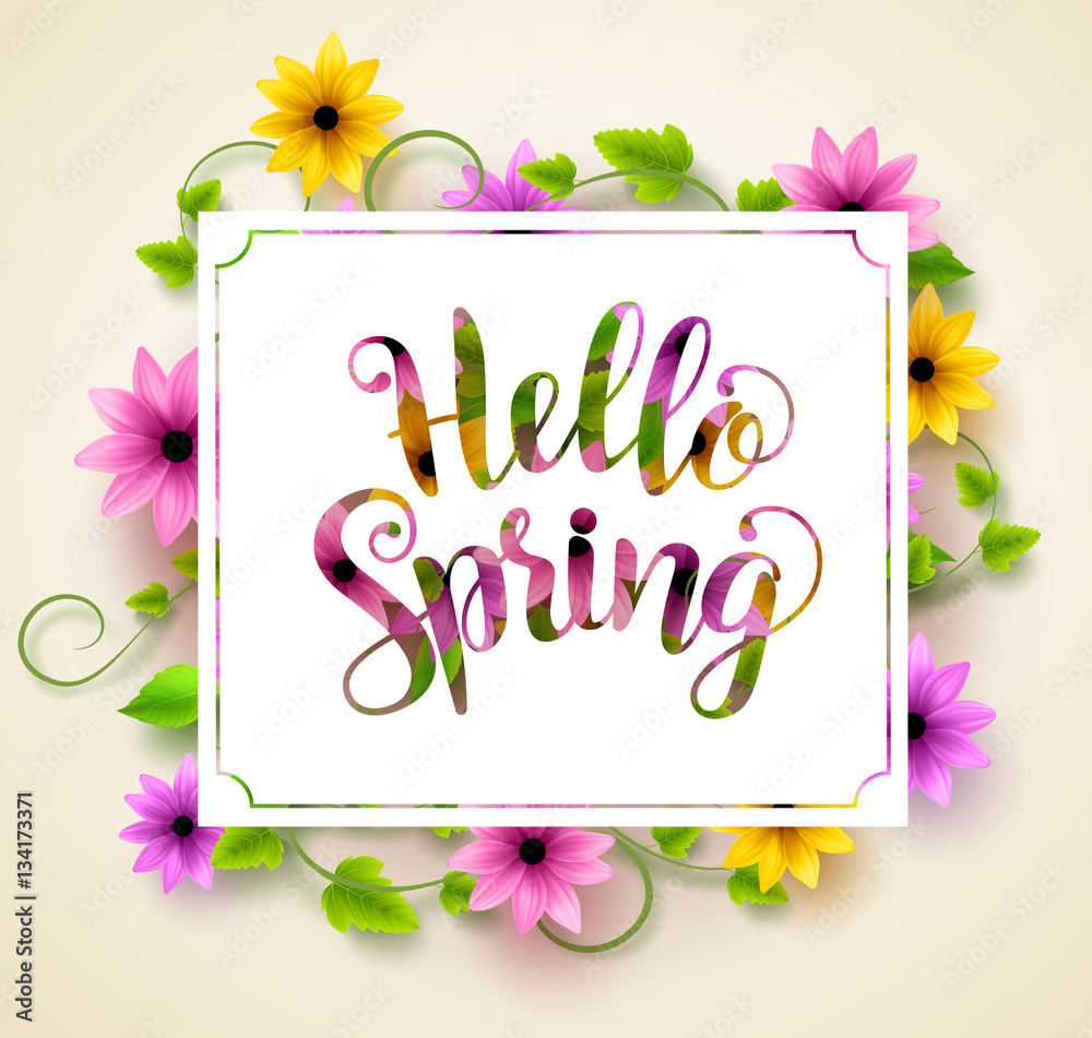 Hello spring vector background design with paper cut typography in a ...