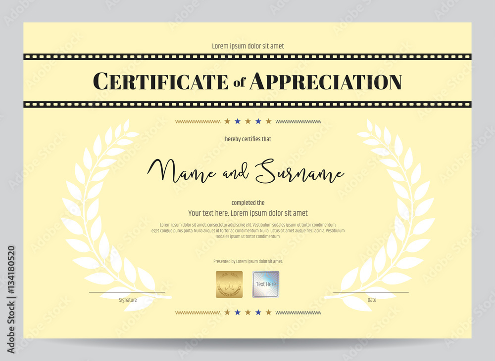 Certificate of appreciation template with movie film stripe header ...