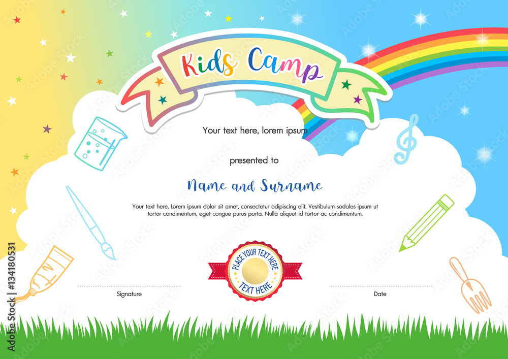 Colorful kids summer camp diploma certificate template in cartoon style ...