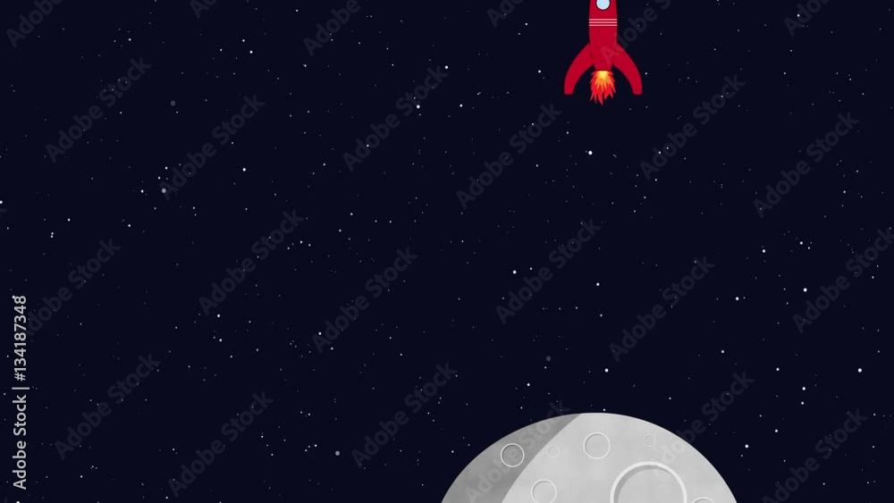Rocket in space landing on a moon or planet. Retro cartoon style with ...