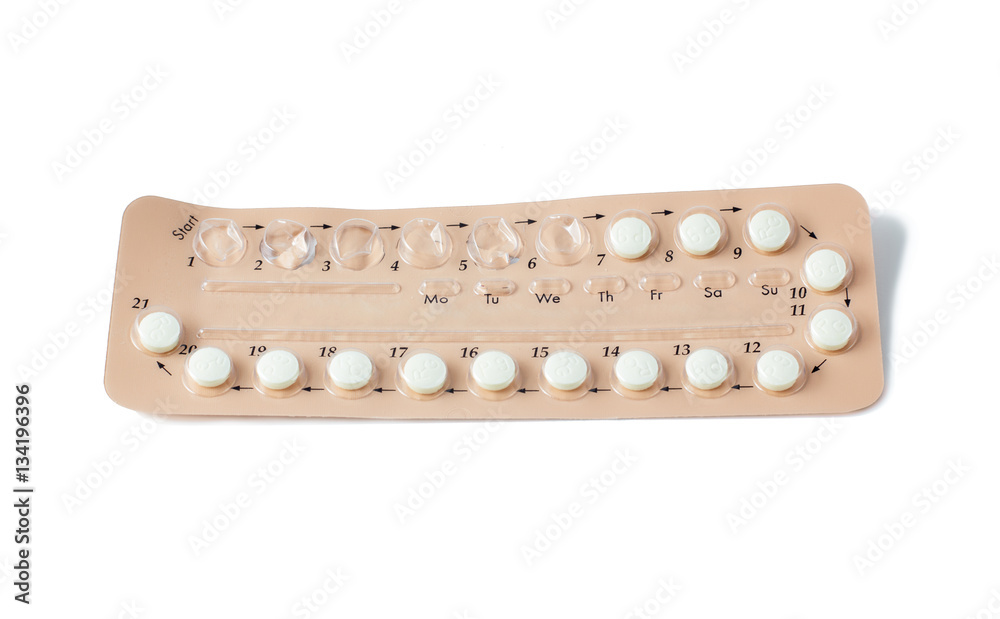 Colorful oral contraceptive pill strips isolated on white background ...