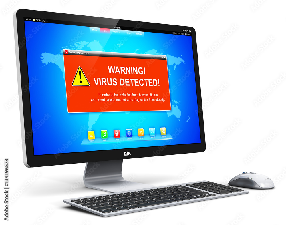 Desktop computer PC with virus attack warning message on screen Stock ...