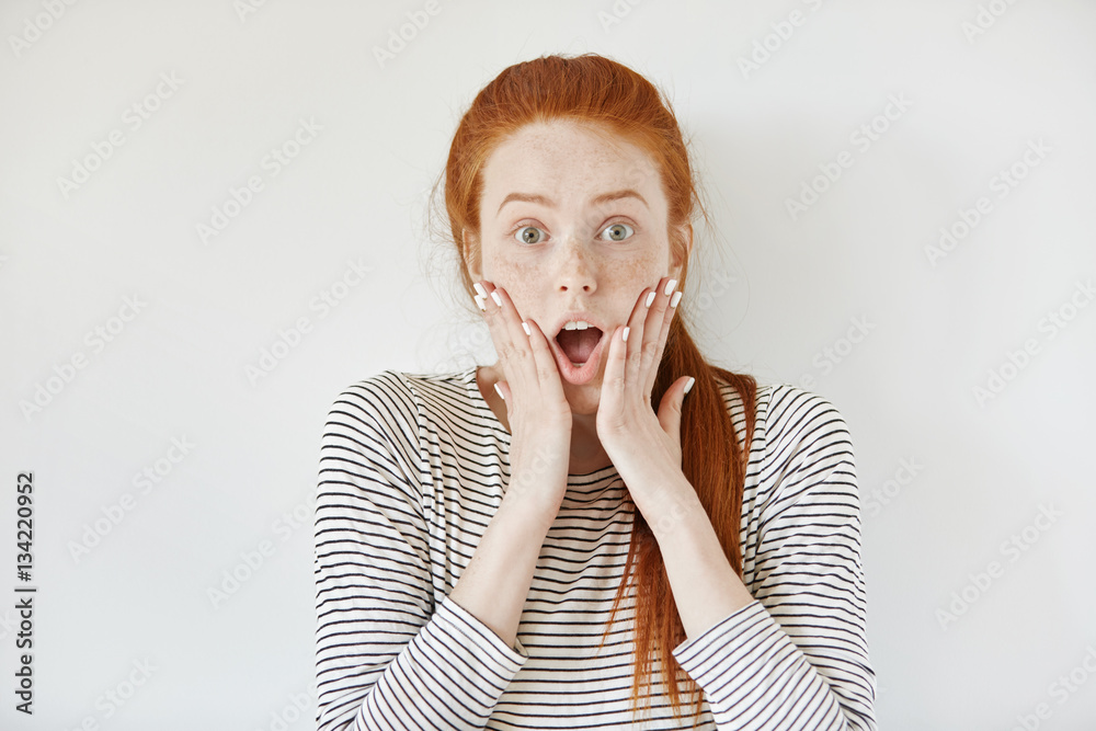 Human face expressions and emotions. Redhead young female with freckles ...