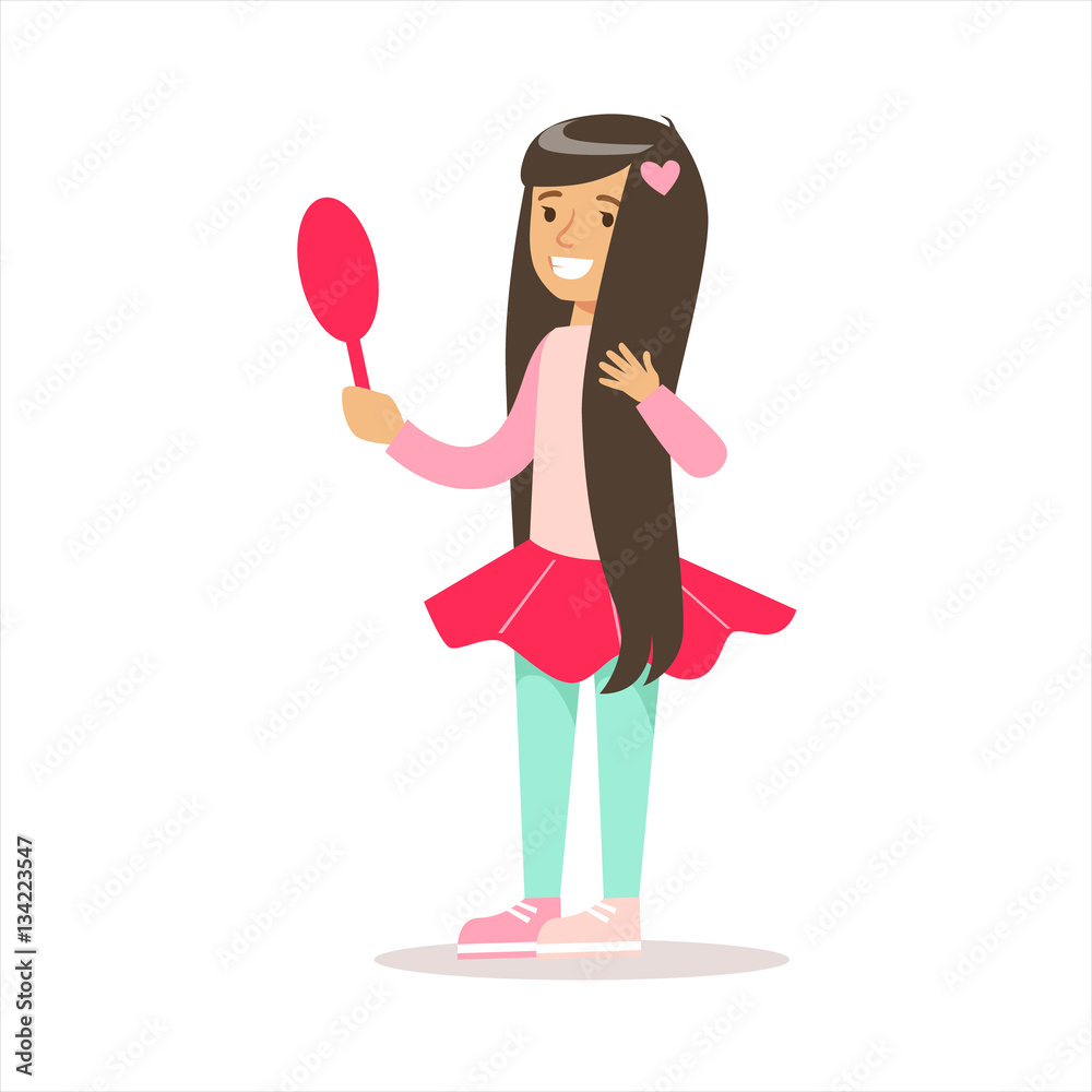Happy Girl With Long Dark Hair In Classic Girly Color Clothes Smiling ...