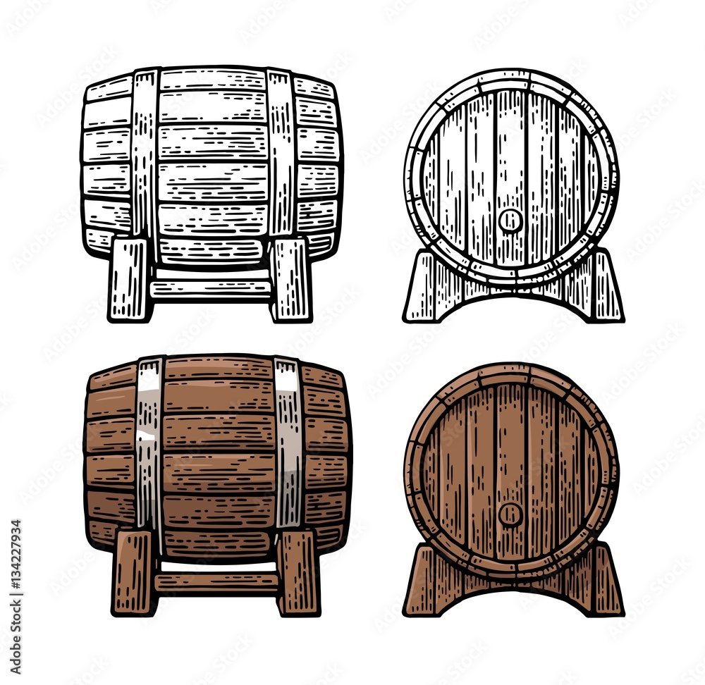 Wooden barrel front and side view engraving vector illustration Stock ...