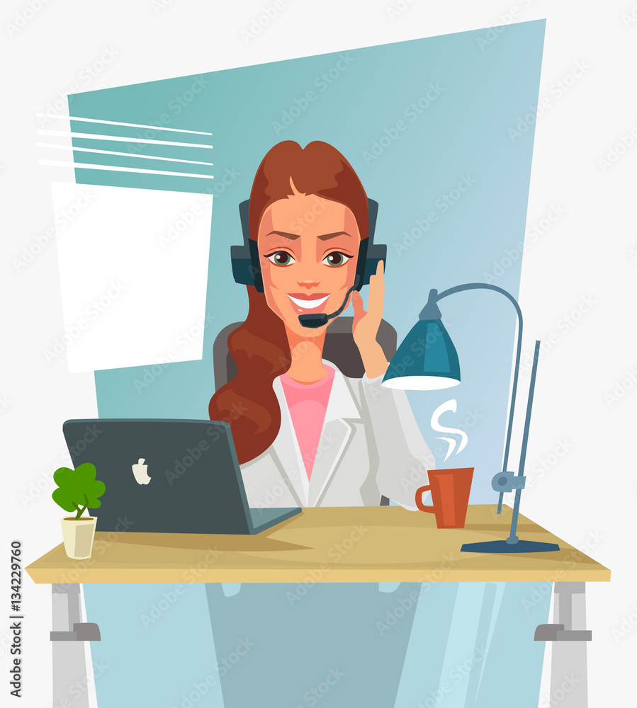 Call center service. Woman character operator. Vector flat cartoon ...