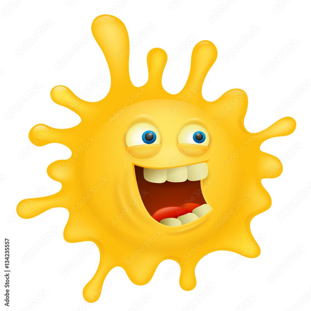 Yellow smiley face splash character isolated over white background ...