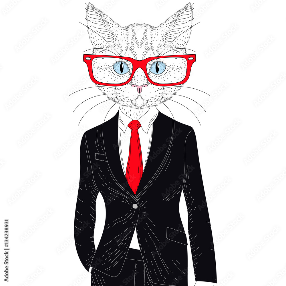Vector cute cat boy in elegant classic suit with glasses. Hand d Stock ...