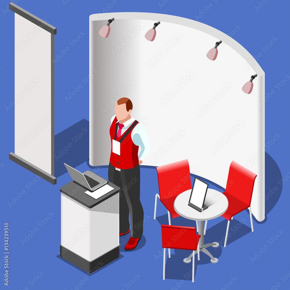 Exhibition booth stand desk man roll up display panel. 3D Isometric ...