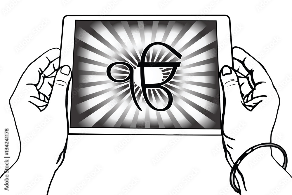 Hands holding a tablet on which the Ek Onkar is the symbol of Sikhism ...