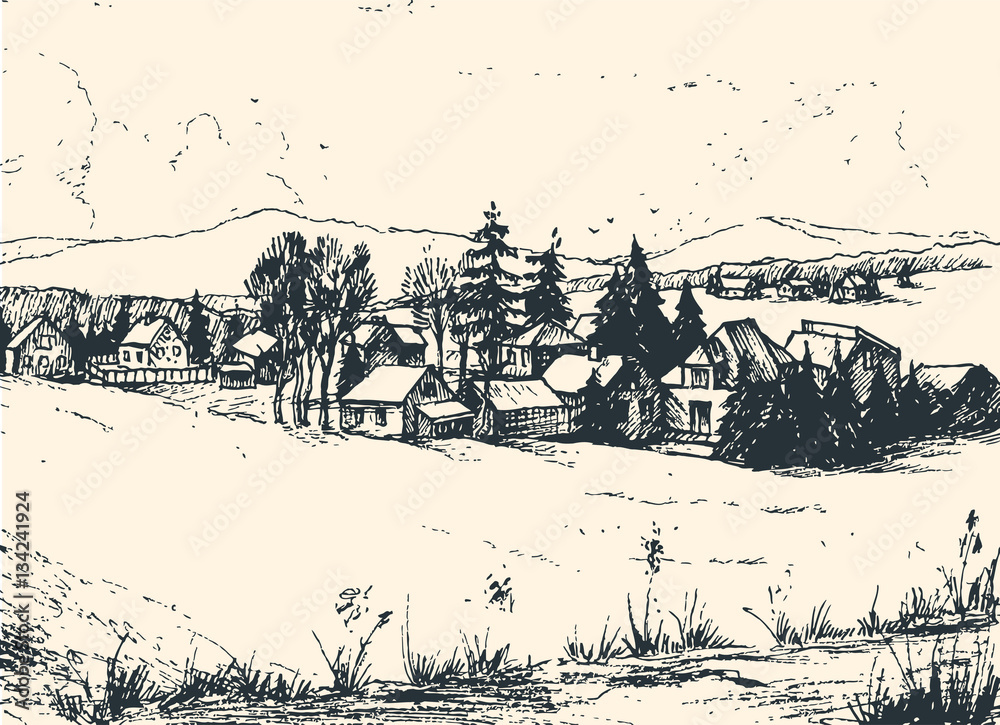 Countryside landscape, Hand drawn illustration sketch. Stock Vector ...