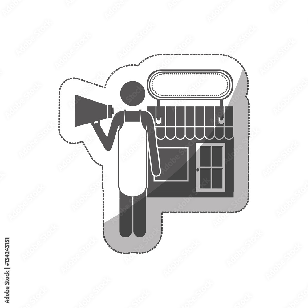 silhouette sticker shopkeeper with megaphone in store vector ...