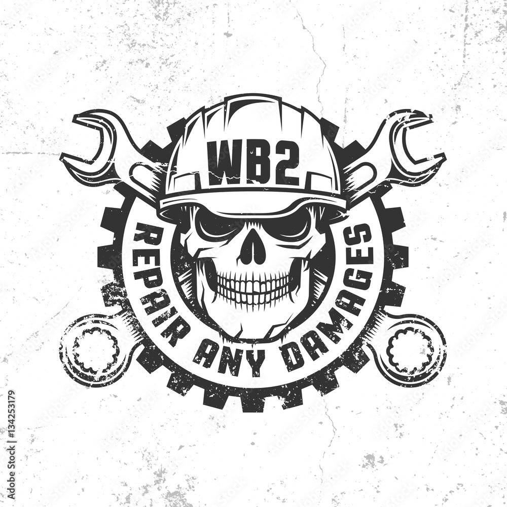 Vektorová grafika „Mechanical repair workshop retro logo with skull in ...
