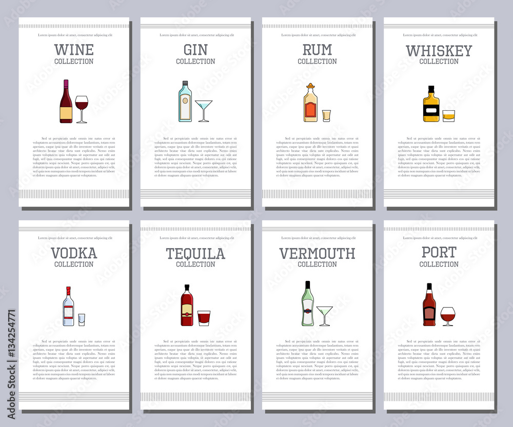 Vector alcohol list with icons for bar menu. Champagne liquor cognac ...