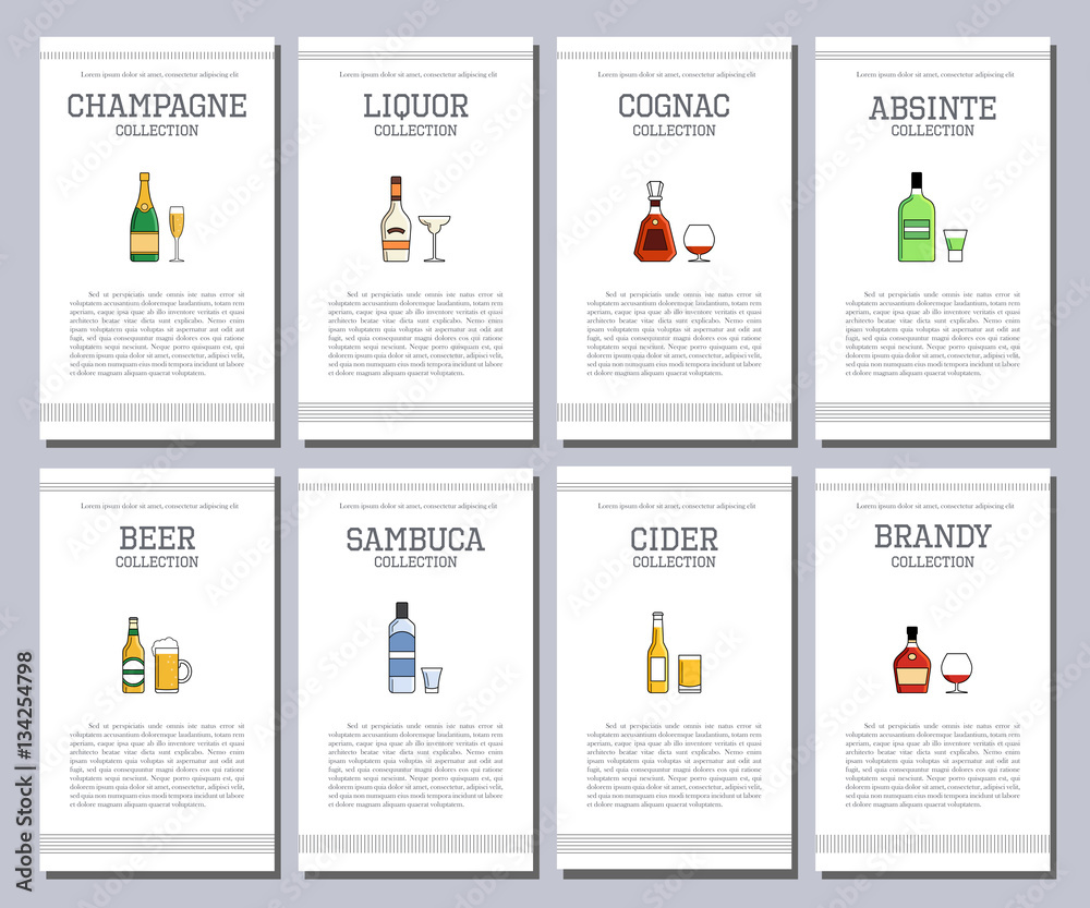 Vector alcohol list with icons for bar menu. Vodka wine whiskey tequila ...