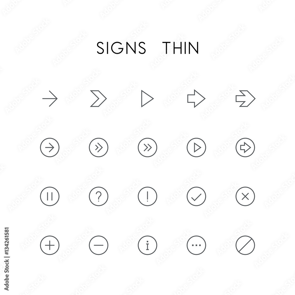 Signs thin icon set - different arrows, question and exclamation mark ...