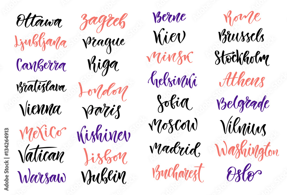 Collection of world capital. City names modern calligraphy collection ...
