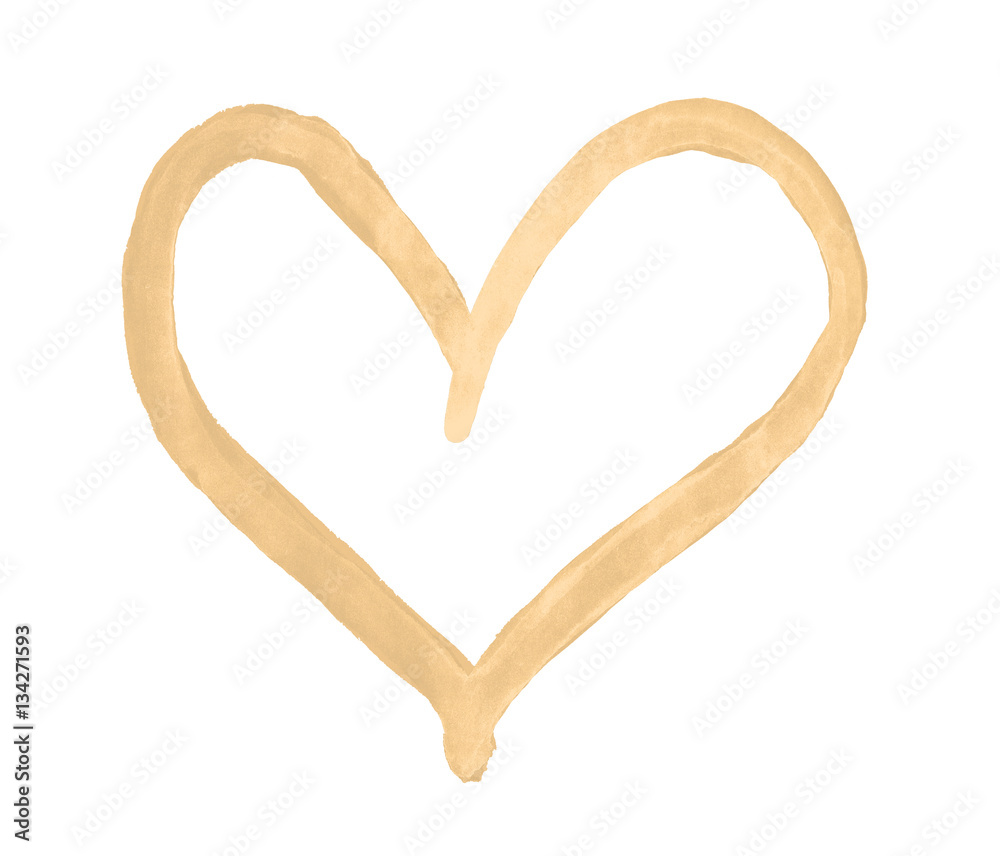 The outline of the beige heart drawn with paint on white background ...