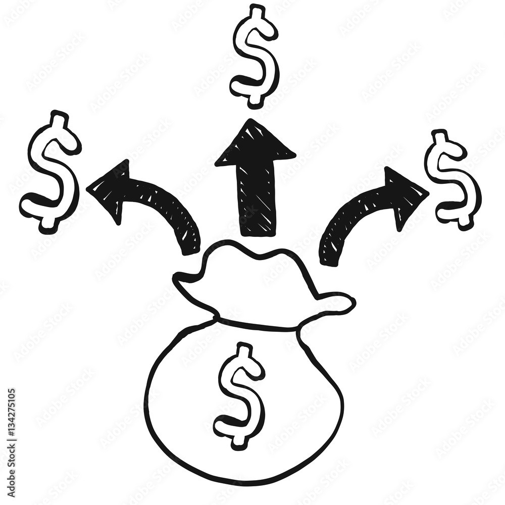 abstract hand draw doodle sketch money out from bag with white ...