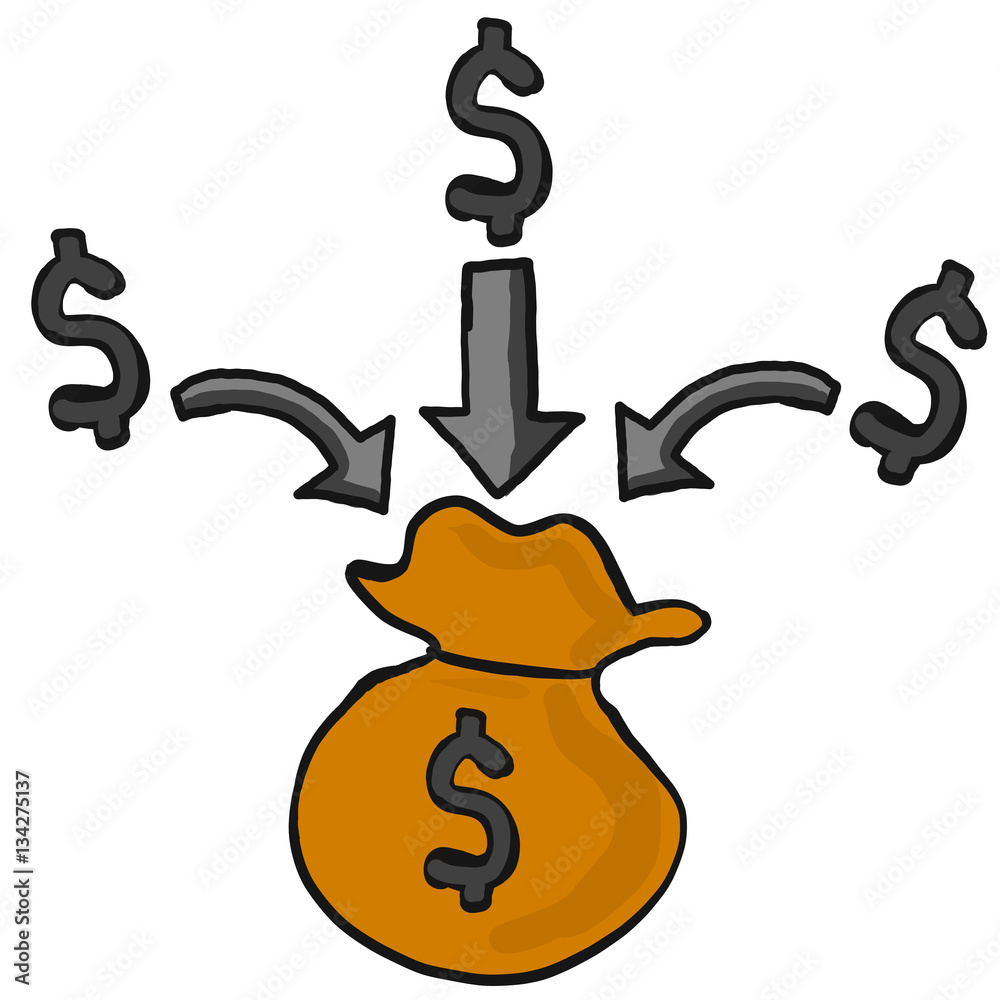 abstract hand draw doodle sketch money come in bag with color on white ...