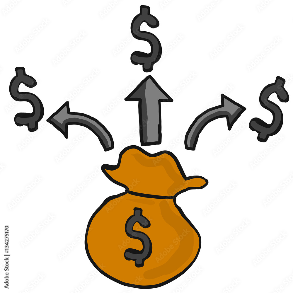 abstract hand draw doodle sketch money out from bag with color on white ...