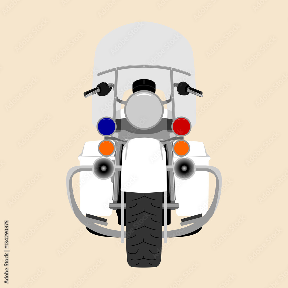 Classic police patrol heavy motorcycle with clear front windshield face ...