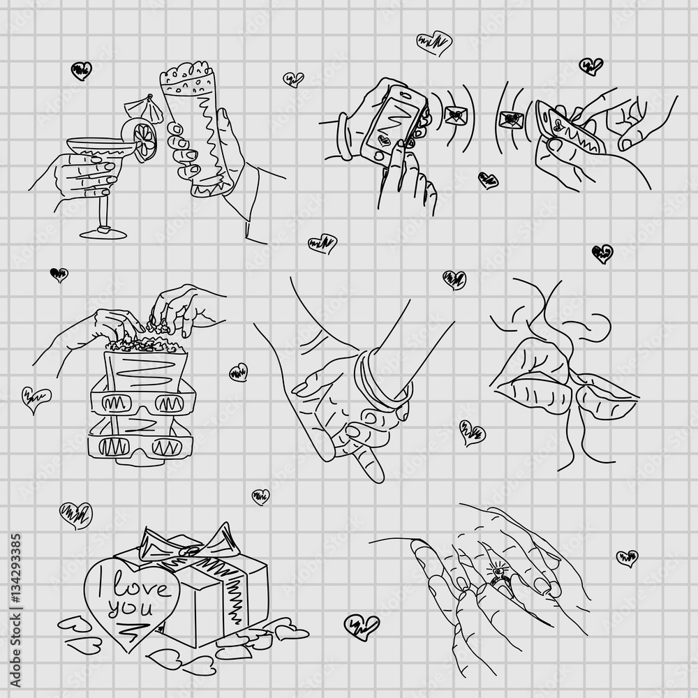 Love Story - set of vector illustrations of love. Cute Romantic simple ...
