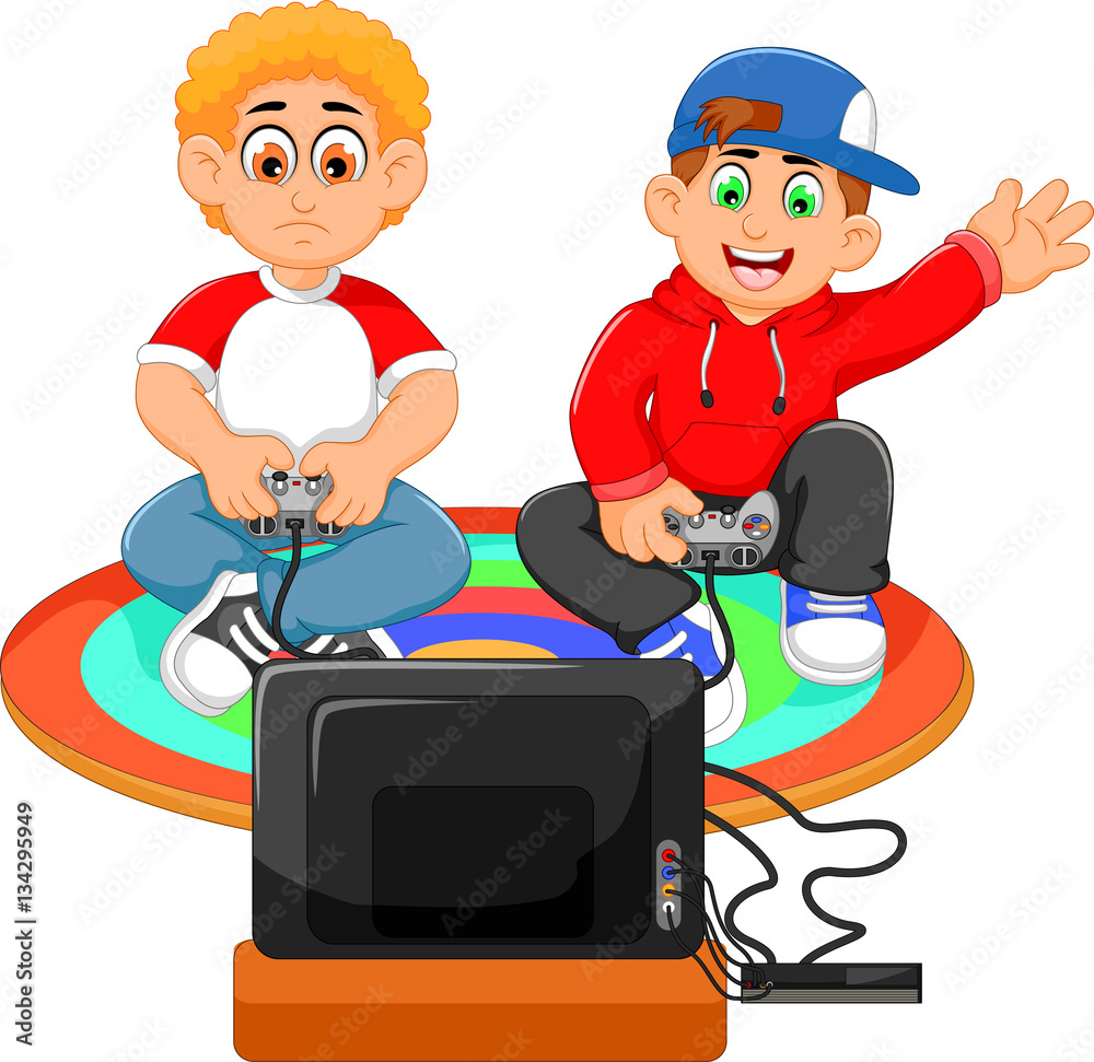 funny two boys playing playstation ilustración de Stock | Adobe Stock