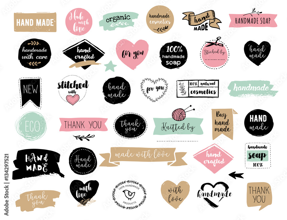 Hand drawn vector - handmade, craft, knitting and art labels, tags with ...